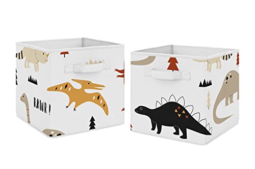 Sweet Jojo Designs Mod Dino Foldable Fabric Storage Cube Bins Boxes Organizer Toys Kids Baby Children - Set of 2 - Orange Tan Rust Taupe Mustard Yellow Beige Brown Black Modern Dinosaur Boho Dinosaurs