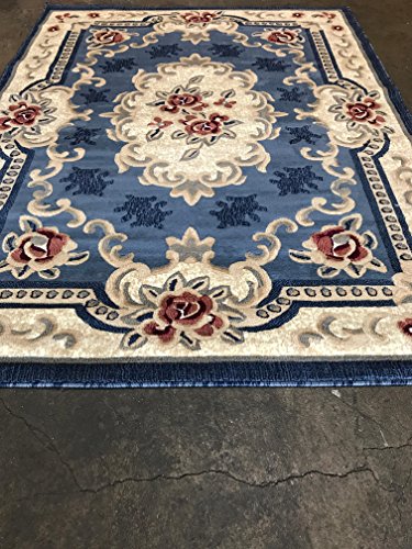 Traditional Aubusson Persian Area Rug Light Blue with Red Design 507 (5 Feet 3 Inch X 7 Feet 2 Inch)