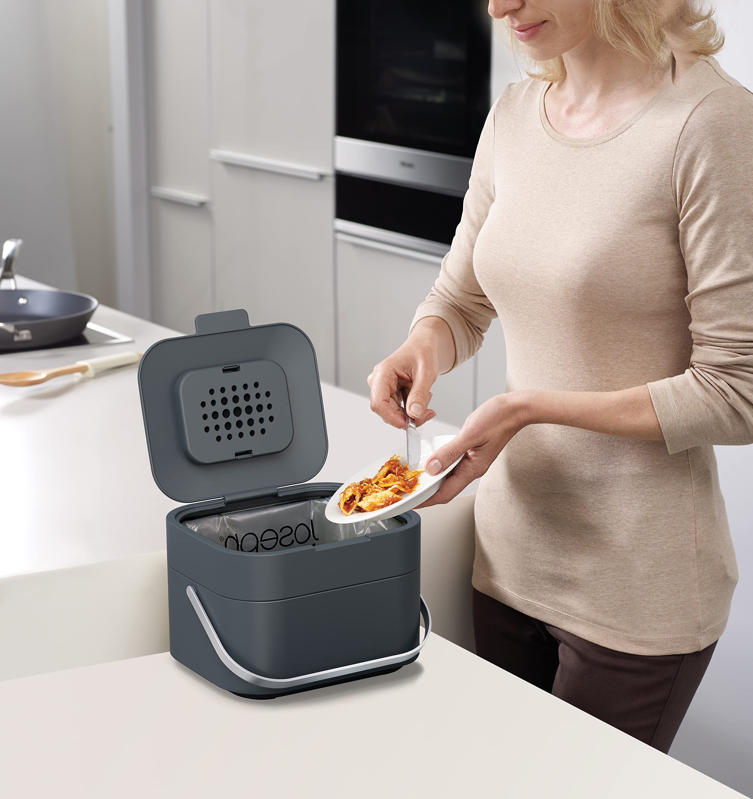 Joseph Joseph Stack 4 Liter/1 Gallon Food Waste Caddy with Odour Filter, Graphite & Joseph Joseph IW2 Biodegradable, Compostable Bags, Pack of 50 Food Waste Bin Liners (4 Liter), White