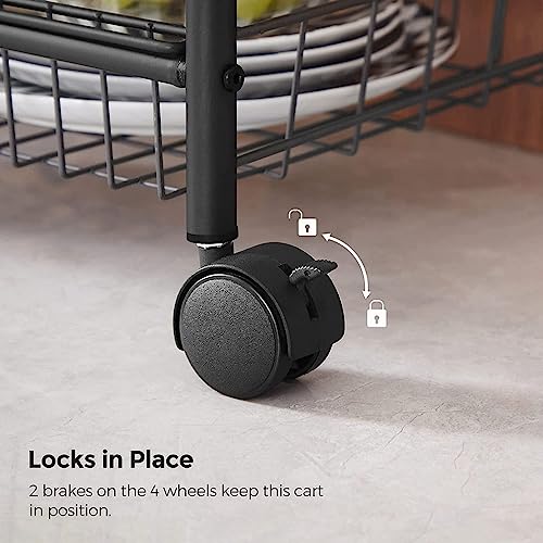 SONGMICS 3-Tier Metal Rolling Cart, Storage Cart with Removable Baskets, Utility Cart with Wheels and Handle, for Kitchen, Bathroom, Laundry Room, Black, UBSC03BK