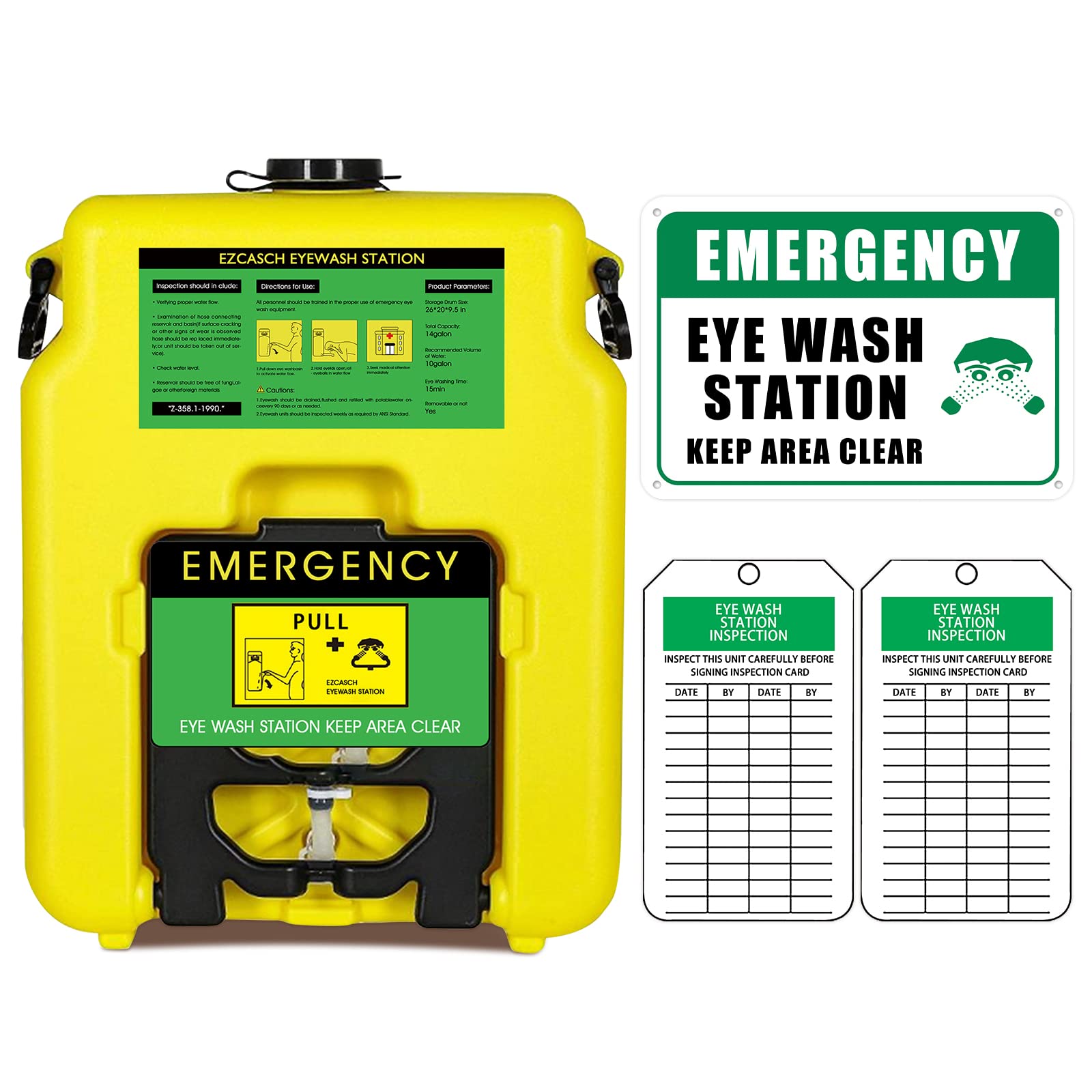 Ezcasch Portable Eyewash Station 14-gallon OSHA approved with One Station Sign and Two Inspection tags, Wall Mounted Gravity-Flow Indoors and Out, 53L Refillable Eyewash Station Heavy Duty, Yellow