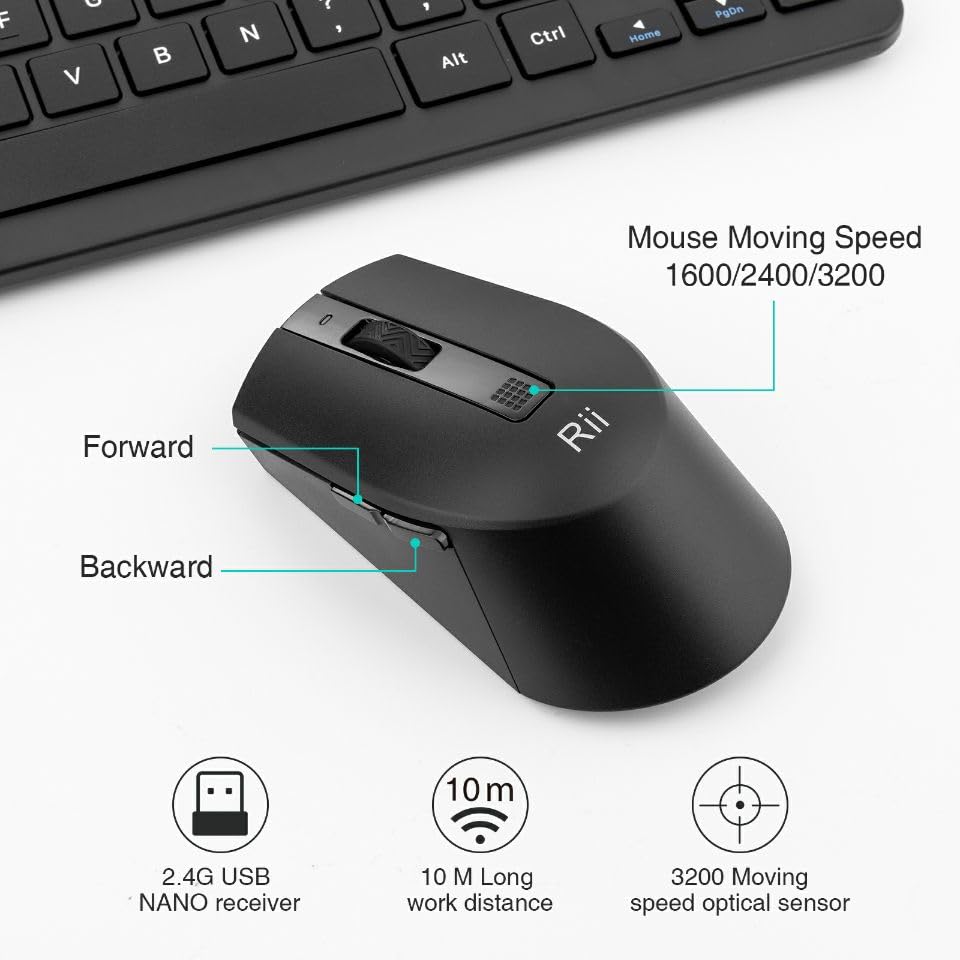 Rii RKM709 2.4 Gigahertz Ultra-Slim Wireless Keyboard and Mouse Combo, Multimedia Office Keyboard for PC, Laptop and Desktop,Business Office(Black)