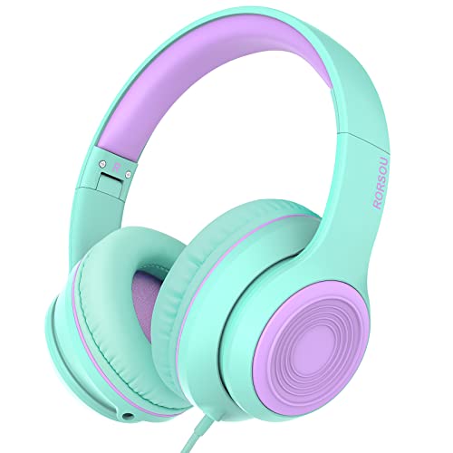RORSOU K9 Kids Headphones with Microphone, Folding Stereo Bass Headset with 1.5M No-Tangle Cord for Children/Teens/School/Adults, Portable Wired Headphones for Smartphone Tablet Computer MP3/4 (Green)