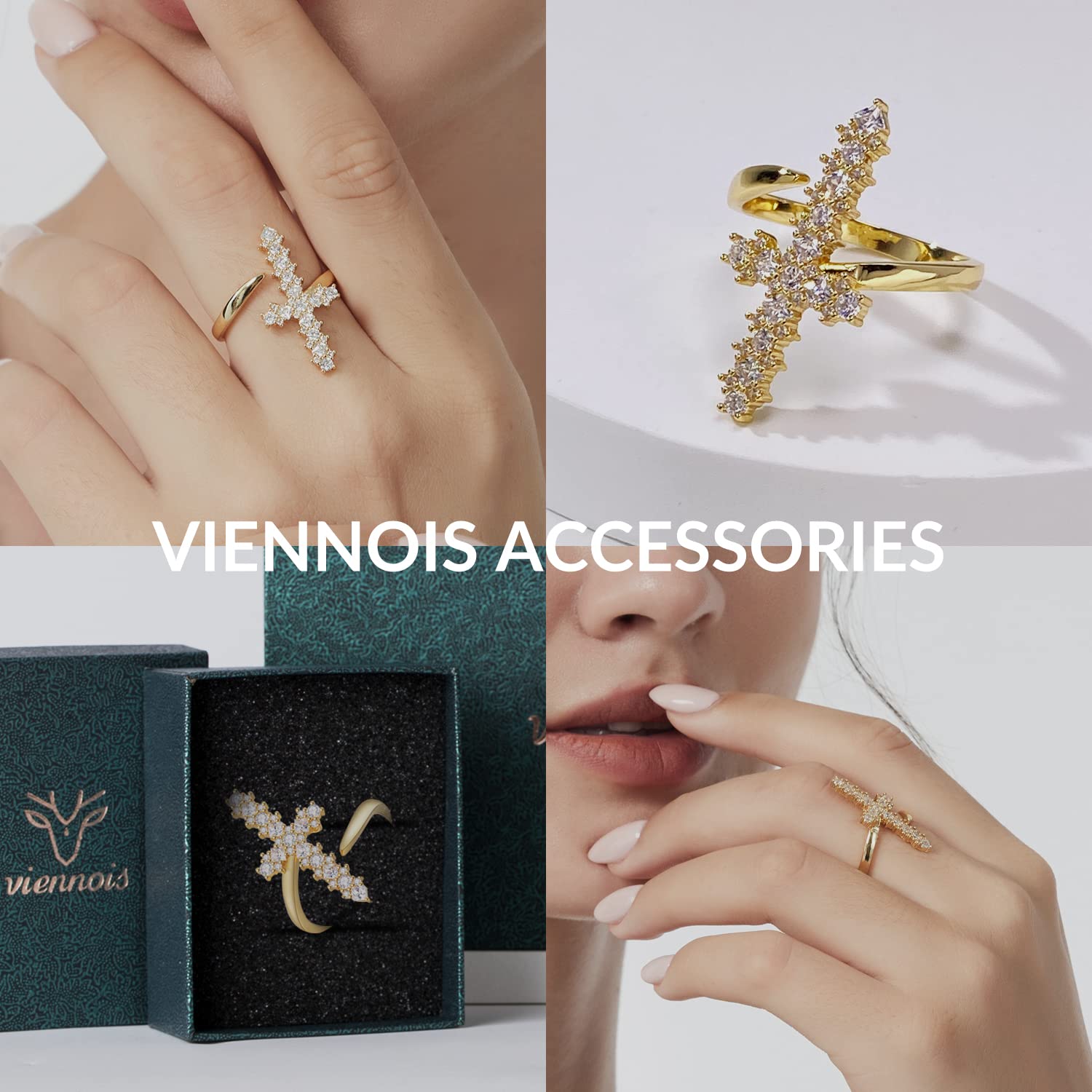 VIENNOIS Cubic Zirconia Cross Rings for Women Men,Adjustable Cubic Zirconia Wrap Open Ring Statement Jewelry(Gold/Silver)