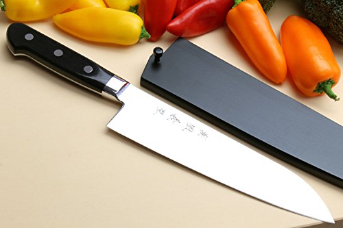 Yoshihiro High Speed Steel Santoku Multipurpose Chefs Knife (Black Pakkawood Handle) (7'' (180mm) & Saya)