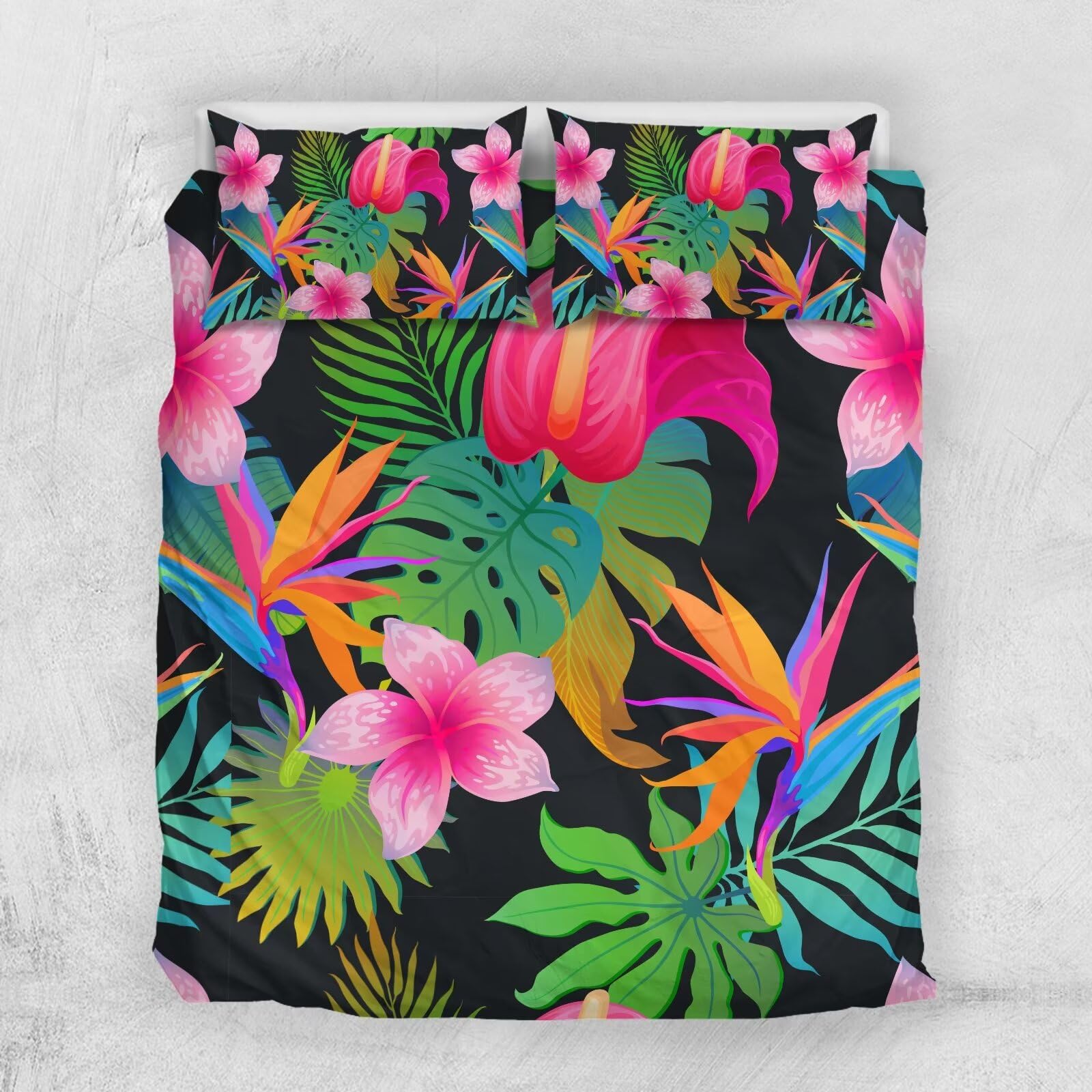 gearider Hawaiian Plant Pattern Black Bedding Set of 3, Ultra Soft Tropical Plumeria Floral Leaves Duvet Cover Set with Zipper Closure - Size Queen
