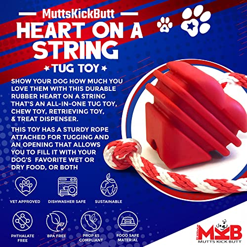 SodaPup MuttsKickButt Heart on a String β Durable Dog Tug Toy, Chew Toy, & Treat Dispenser Made in USA from Non-Toxic, Pet-Safe, Food Safe Natural Rubber for Bonding, Exercise, Training, & More