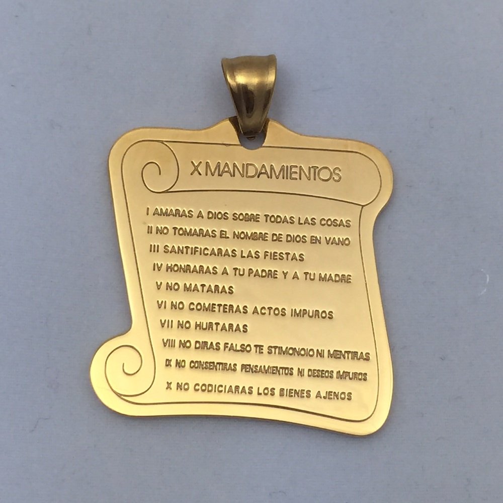 X Mandamientos in Spanish Pendant 40mm - Medalla con Los 10 Mandamientos en Español - Gold Plated