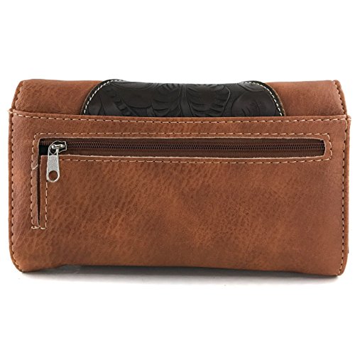 Justin West Floral Tooled Embroidered Western Turquoise Stone Cross Conceal Carry Handbag Purse (Brown Handbag Wallet Set)