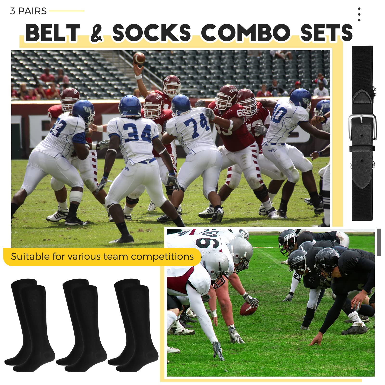 SATINIOR 3 Pairs of Baseball Socks & 3 Belts Combo Youth & Adult Baseball/Softball Belt & Socks Combo Set (Black, S/M) Small-Medium