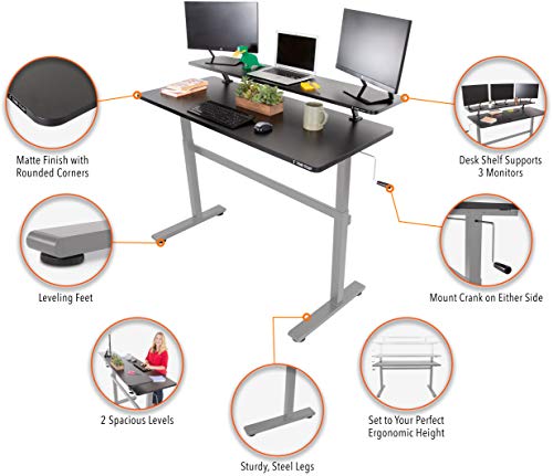Stand Steady Tranzendesk 55 in Standing Desk with Clamp On Shelf | Easy Crank Height Adjustable Stand Up Workstation w/Attachable Monitor Riser | Holds 3 Monitors & Adds Desk Space (55/Silver Base)