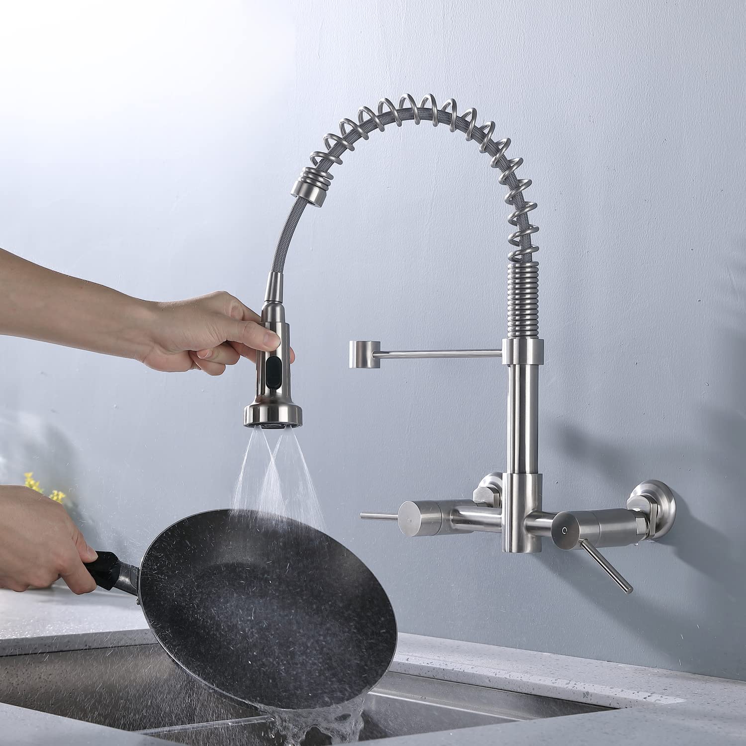 Fonveth Wall Mount Kitchen Faucet, 8 Inch Center Wall Mount Kitchen Sink Faucet with Pull Down Sprayer, Wall Mount Faucet with SprayerCommercial Wall Mount Faucet, Brushed Nickel