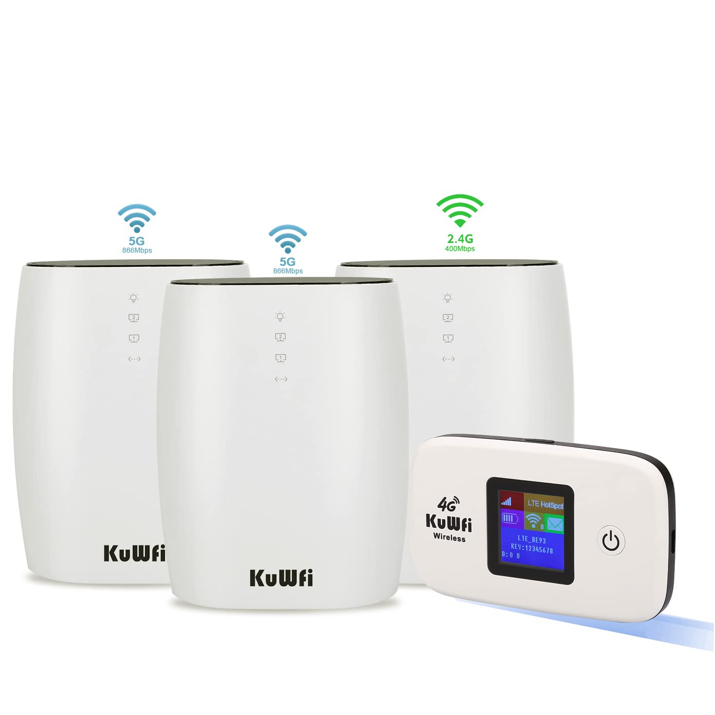 KuWFi Bundle of Goods 4G LTE Mobile WiFi Hotspot and Whole Home Mesh WiFi System 3-Pack