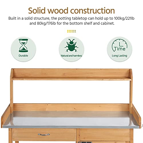 Yaheetech Outdoor Potting Bench Table, Garden Workstation w/Metal Tabletop/Cabinet Drawer/Open Top/Lower Shelf/Handy Hooks for Horticulture, Natural Wood