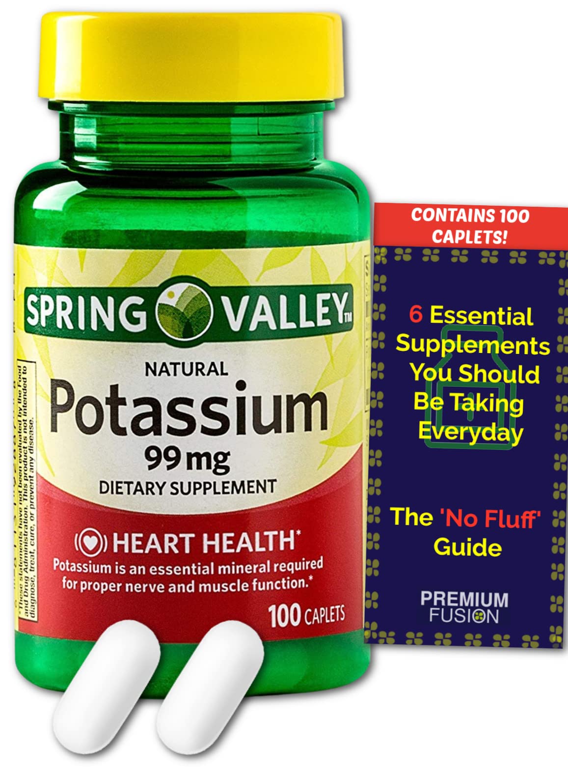 Potassium Supplement 99 mg Caplets - 3+ Month Supply (100 Caplets) - Heart, Nerve & Muscle Function from Spring Valley + Vitamin Pouch and Guide to Supplements