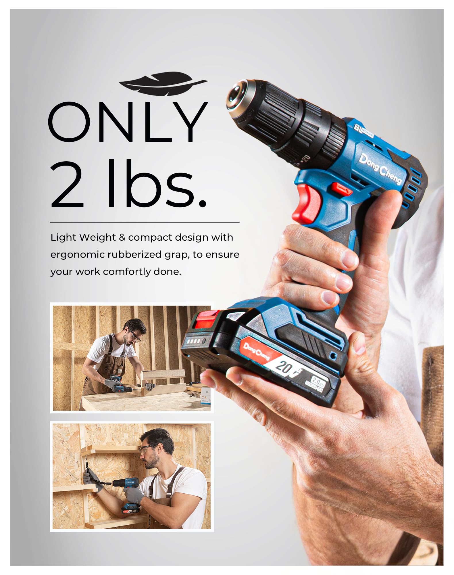 Dong Cheng 20V Brushless Heavy-duty Impact Drill, 435 in.lbs, 27000 BPM, 1/2" Keyless Metal Chuck, 20+1+1 Clutch, Cordless Hammer Drill with 2 Battery Kit for Drilling Brick Wall, Metal, Wood