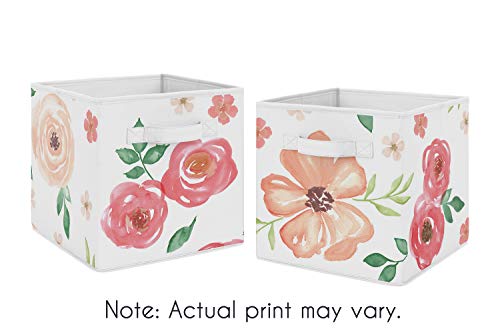 Sweet Jojo Designs Peach and Green Watercolor Floral Organizer Storage Bins for Collection - Set of 2 - Pink Rose Flower