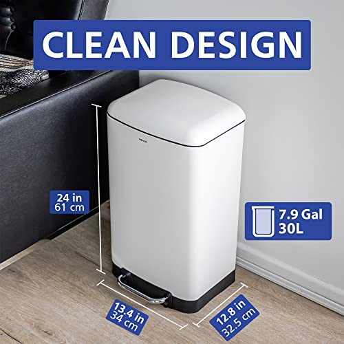 WENKO 54920218 8 Gallon Kitchen with Foot Pedal, Hands Free, Made of Steel, Dimensions (WxHxD): 13.4x24x12.8 in, Trash Can with lid, White