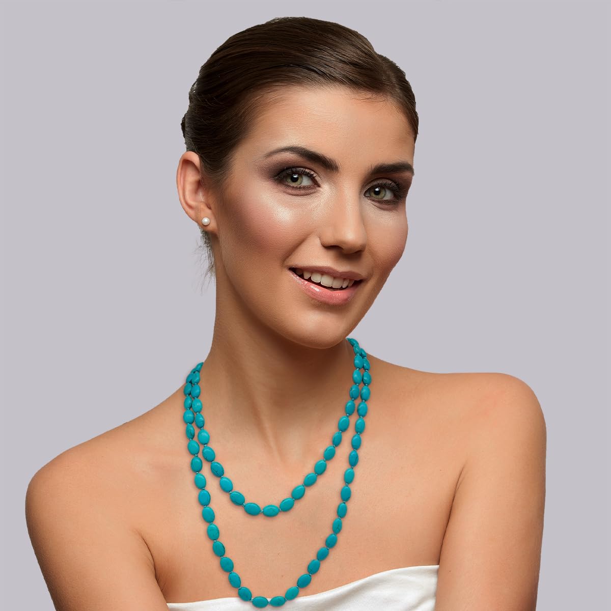 Jane Stone Funky Oval Shape Necklace Turquoise Double Strand Layers Cluster Necklace Pendant Bib Jewelry (Turquoise)