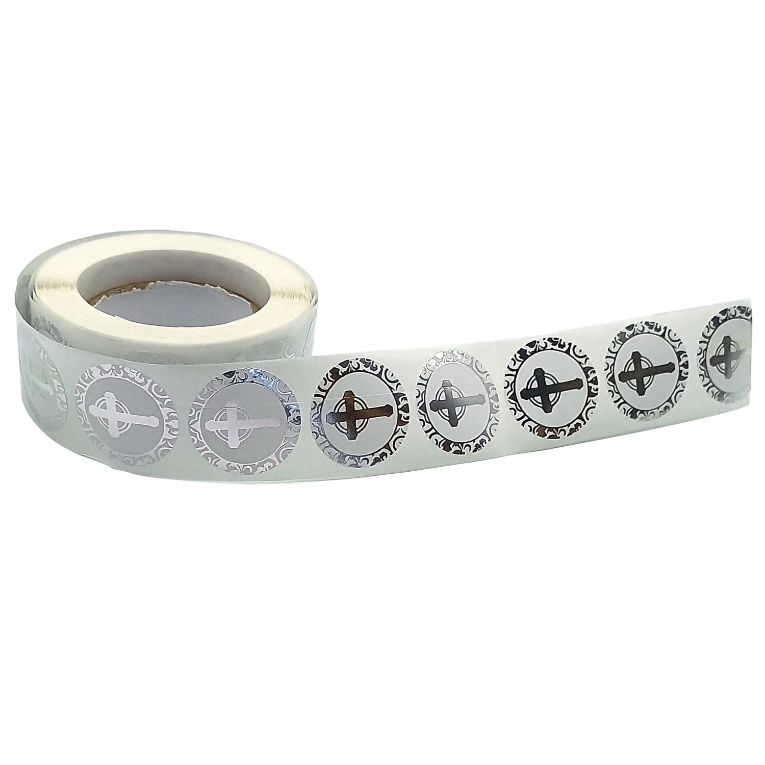 SUPIA 2 Pack 500-Piece Total 1000 Christian Cross Sticker Roll, Design Round Labels with Gold Foil Finish Christening, Communion, Occassions, Envelope Seals, 1 inch/2.5 cm in Dia (Silver), (DF-136)