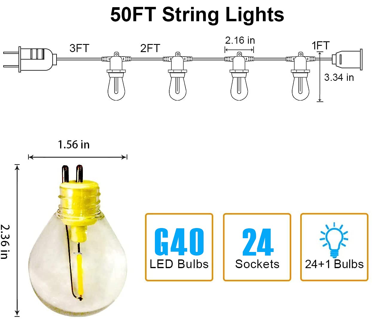 WOOLZ 50FT Led Outdoor Patio Lights with 24+1(Spare) 1W Dimmable Shatterproof G40 Bulbs, Waterproof Outdoor String Lights for Garden, Bistro, Cafe, Pergola and Porch.