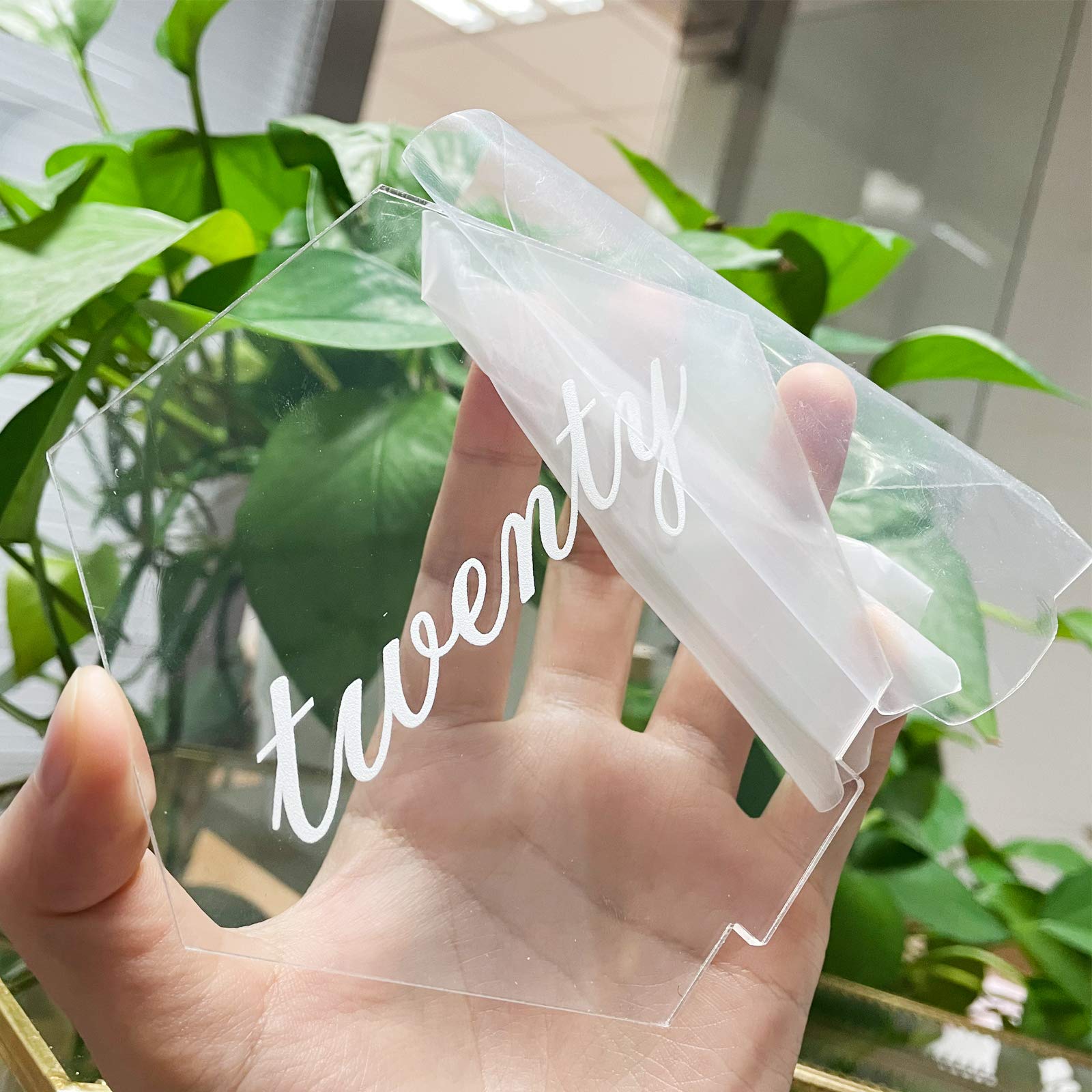 HighFree Hexagon Acrylic Table Numbers 1-20 with Stand - Printed Calligraphy Place Cards, Clear Acrylic Table Numbers for Wedding Reception, 4x4.5 inch, Set of 21