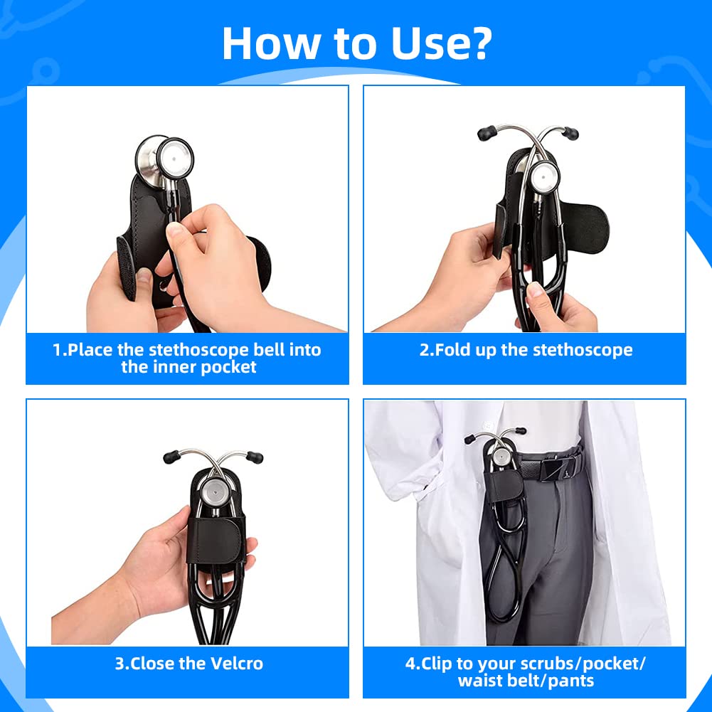 Leather Stethoscope Holder Hip Clip - Black Stethoscope Holster with Inner Pocket & Velcro Closure for Doctors/Nurses/Scrubs/EMT