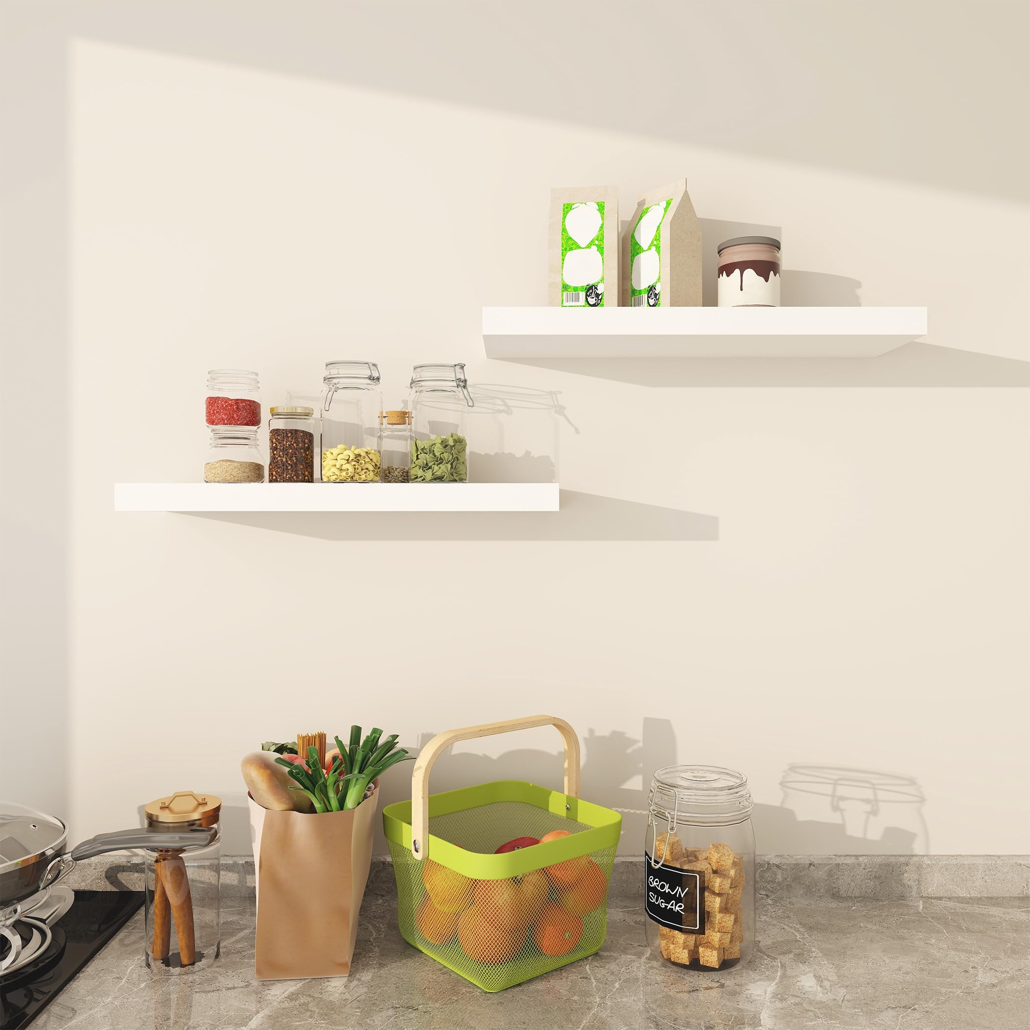 Vervida® Floating Shelves for Wall 2 Pack 24" W x 7.9" D White Floating Wall Shelves for Bedroom Storage, Kitchen, Living Room, Bathroom Hanging Shelves with Invisible Brackets Wall Shelves