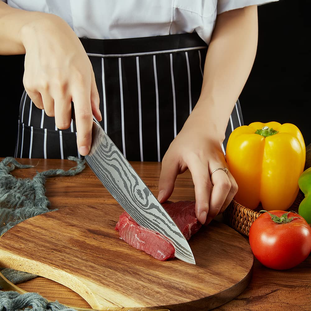 SipLip Knife set 6 Pieces with Wooden Block, German Stainless Steel Kitchen Chef Knives Set come with Gift Box