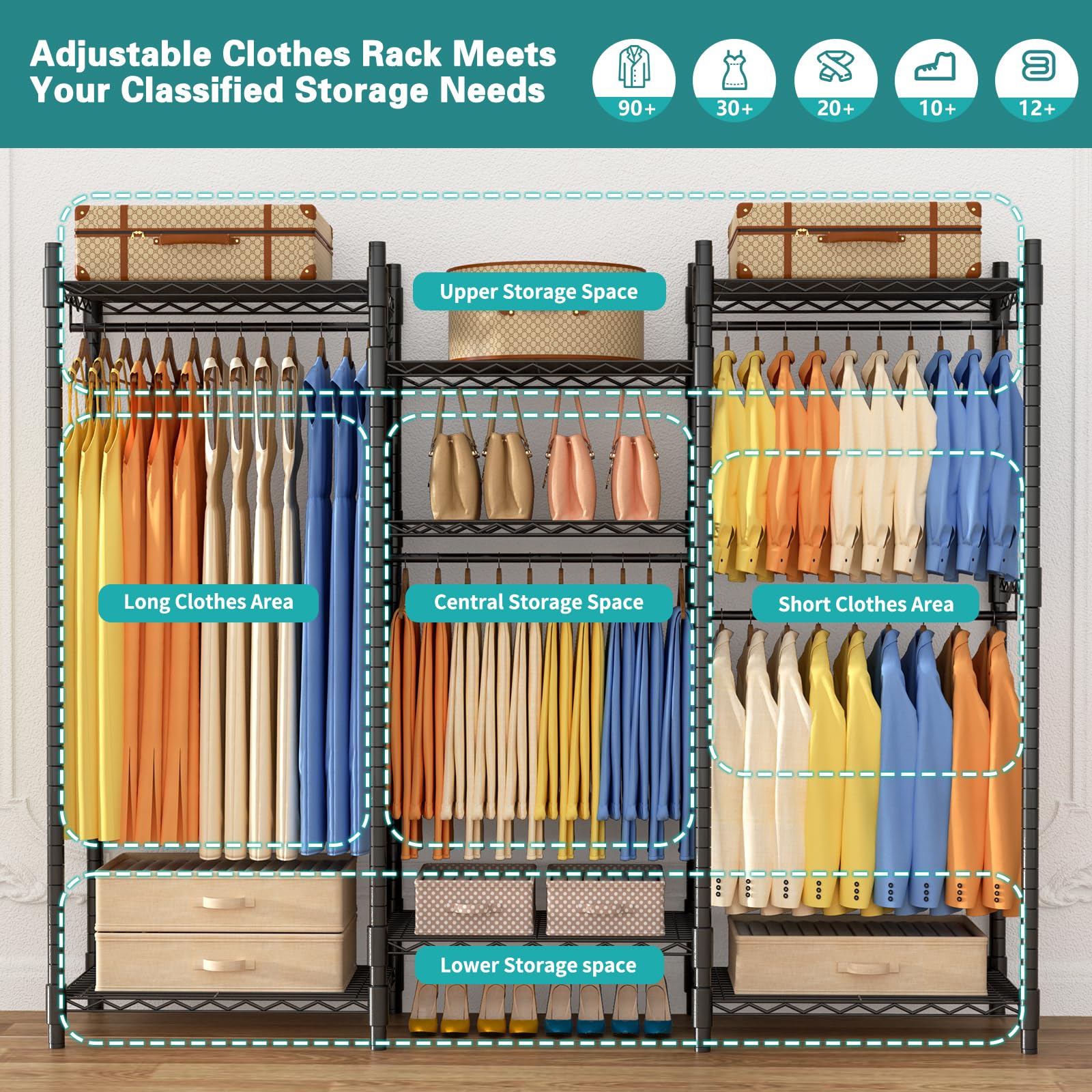 EasyCom Garment Rack, Heavy Duty Clothes Rack with 7 Shelves and 4 Hanger Rods, Closet Organizer System, Closet Clothes Rack, Free Standing Closet, 17.7" D x 70.5" W x 76.8" H, Max Load 900LBS, Black