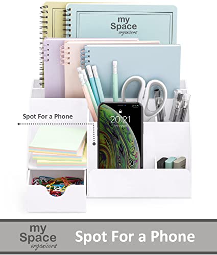 Office Desk Organizer, White Acrylic, with Drawer, 9 Compartments, All in One Office Supplies and Cool Desk Accessories Organizer, Pen Holder, Enhance Your Office Decor Desktop Organizer (White)