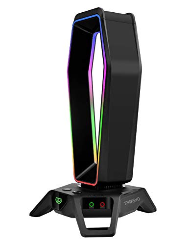 TRUSYO AUDIO THE PORTAL USB 3.0 headset stand with dual RGB lights, 3 usb charger ports, a headphone holder for wired or wireless headphones, great for gaming stations. A gaming accessory.