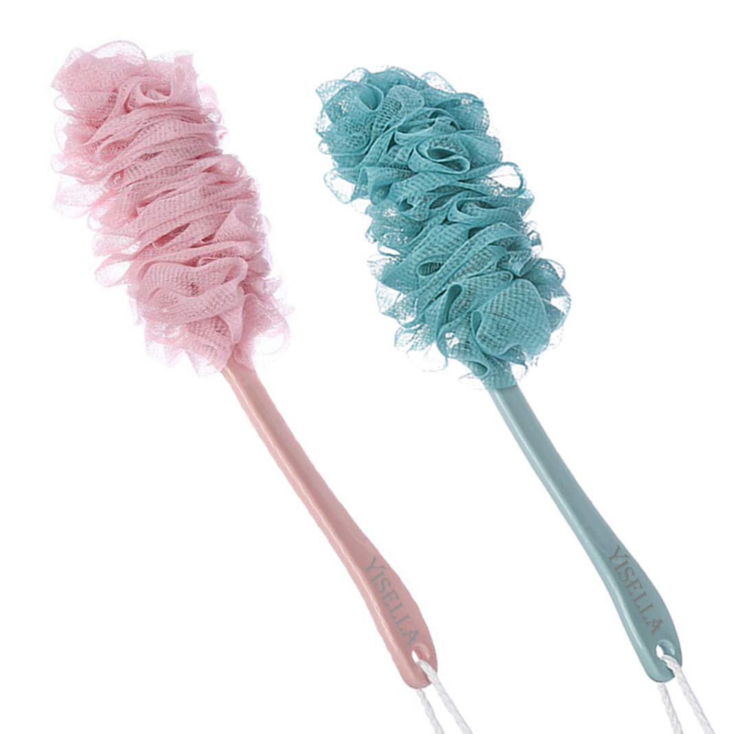 Shower Loofah with Handle for Skin Exfoliating,Shower Brush for Cleaning Body for Men and Women (Blue/Pink)