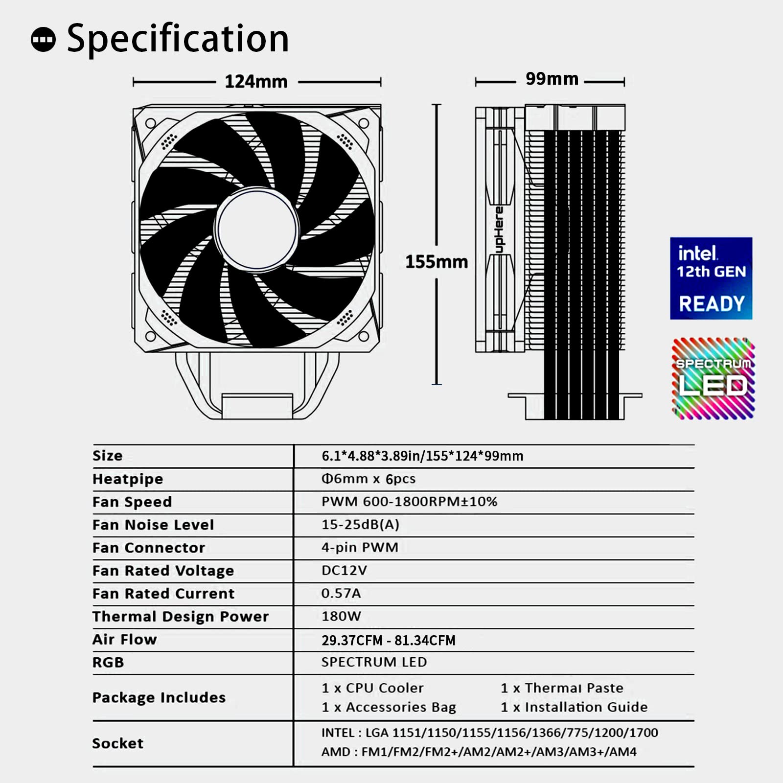 novonest CPU Air Cooler,6 Heat Pipes Fully Pressed Copper Flat Base,PWM 120mm Processor 230W TDP Black Cooler,5V ARGB Light Sync/Auto RGB,Intel LGA 1700/2011/2066, AMD AM5/AM4/AM3/AM2,C6C