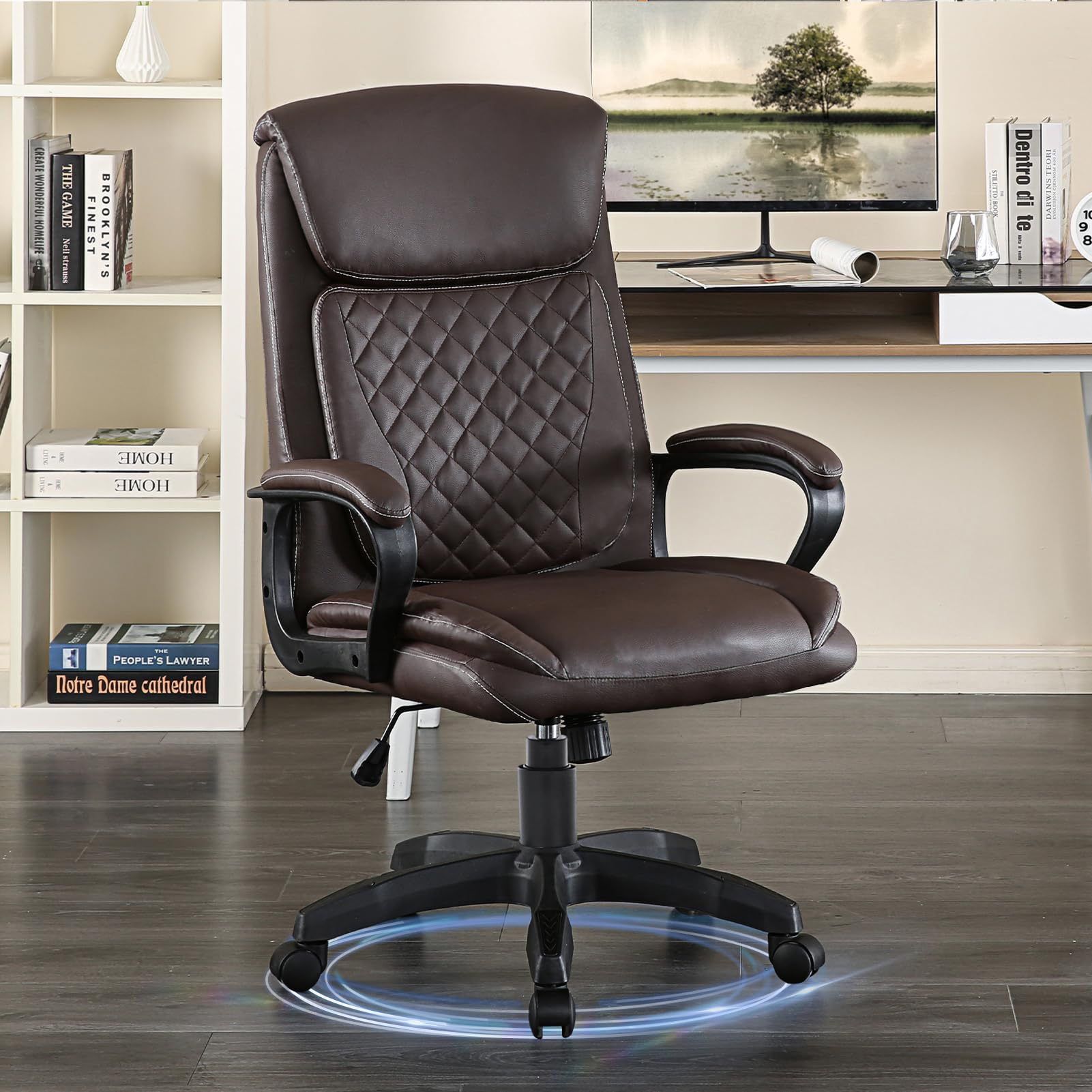Bioopts Ergonomic Office Chair Executive Seat Upholstered Task Chair High Back Armrests Lumbar Support Adjustable Height Reclining 360 Degree Swivel PU Leather