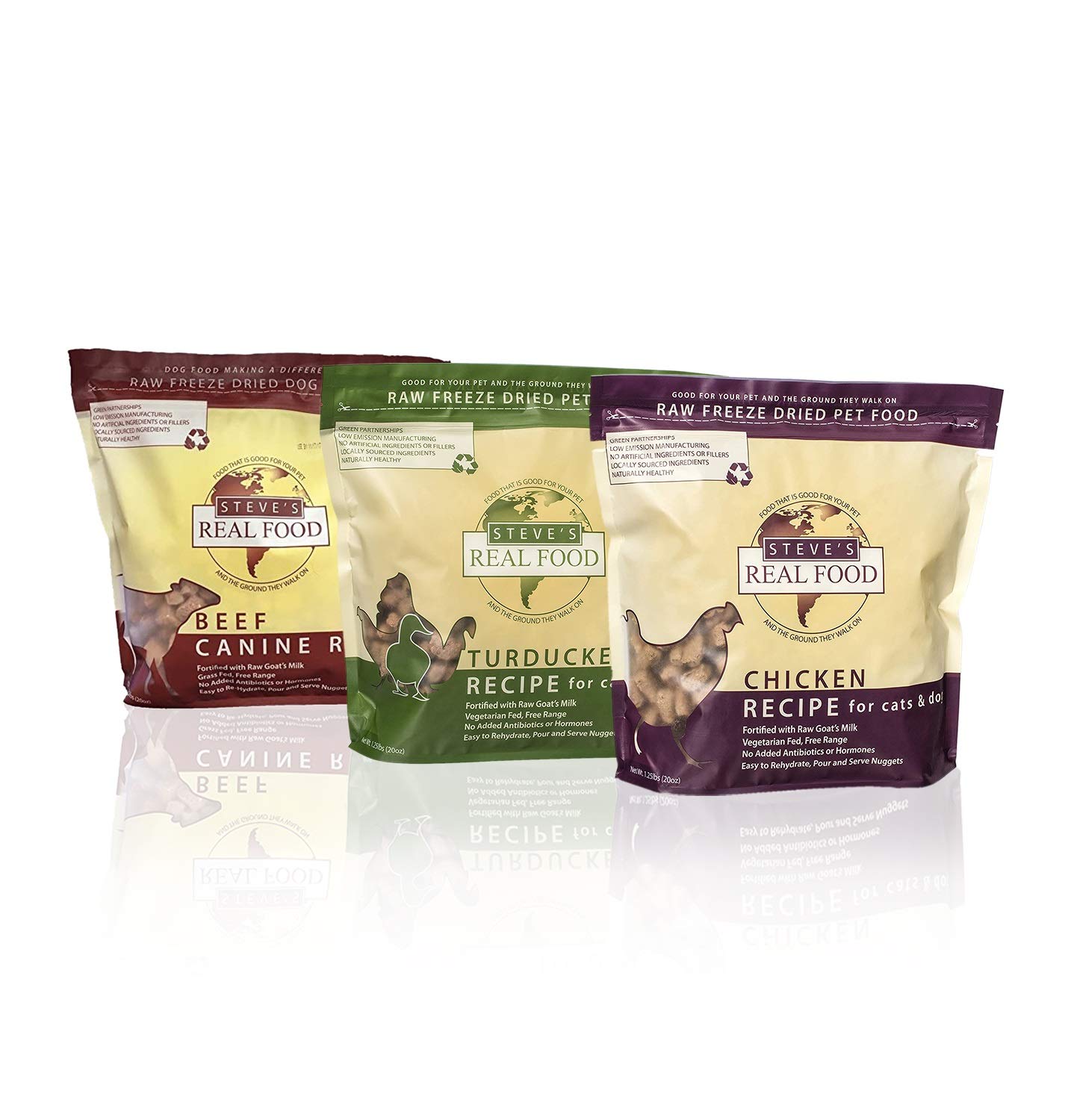 Steve's Real Food Raw Freeze Dried Dog Food Assorted Flavors- 3 Packs of 1.25 lb Bags of High Protein Dog Food in Chicken, Beef, and Turkenduck Flavors - 100% Natural USDA Human Grade Ingredients