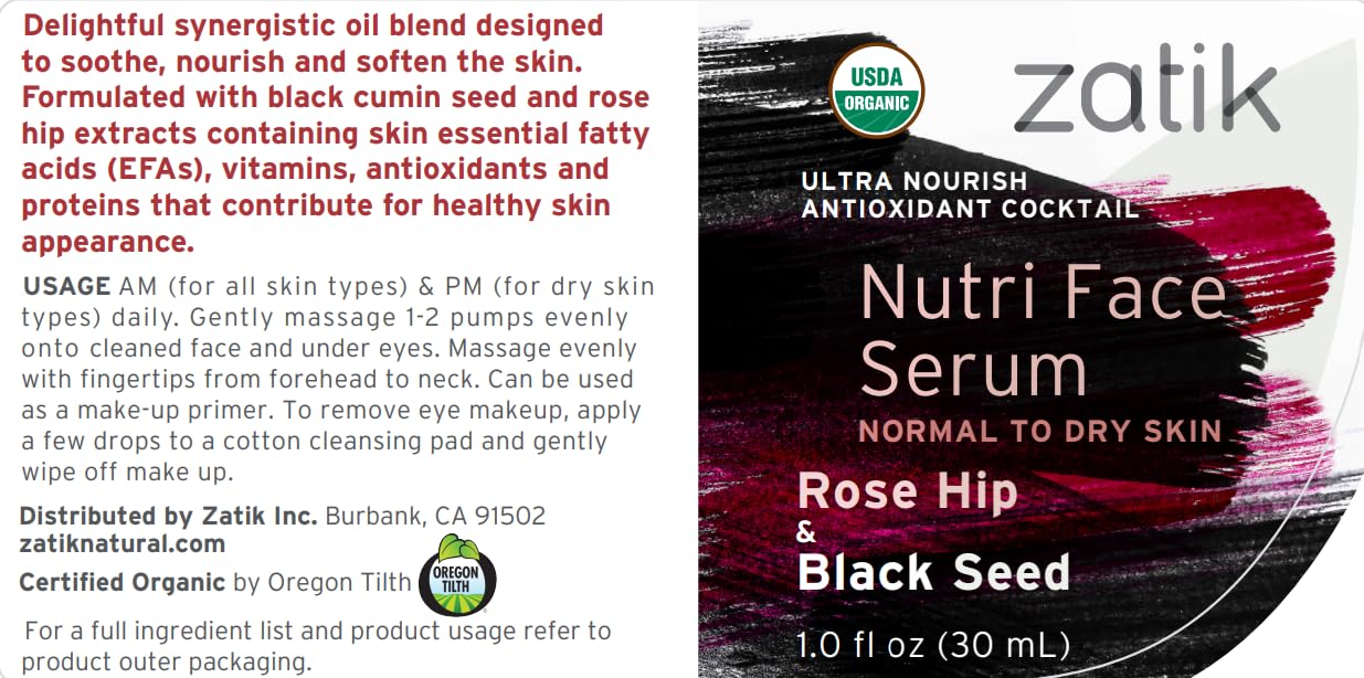Zatik Naturals - Nutri Face Serum with Rose Hip and Black Seed, USDA Organic, Vegan, Non-GMO, Gluten Free, Soy Free, Alcohol Free, pH Balanced, Biodegradable, 1.0 fl oz, 30ml
