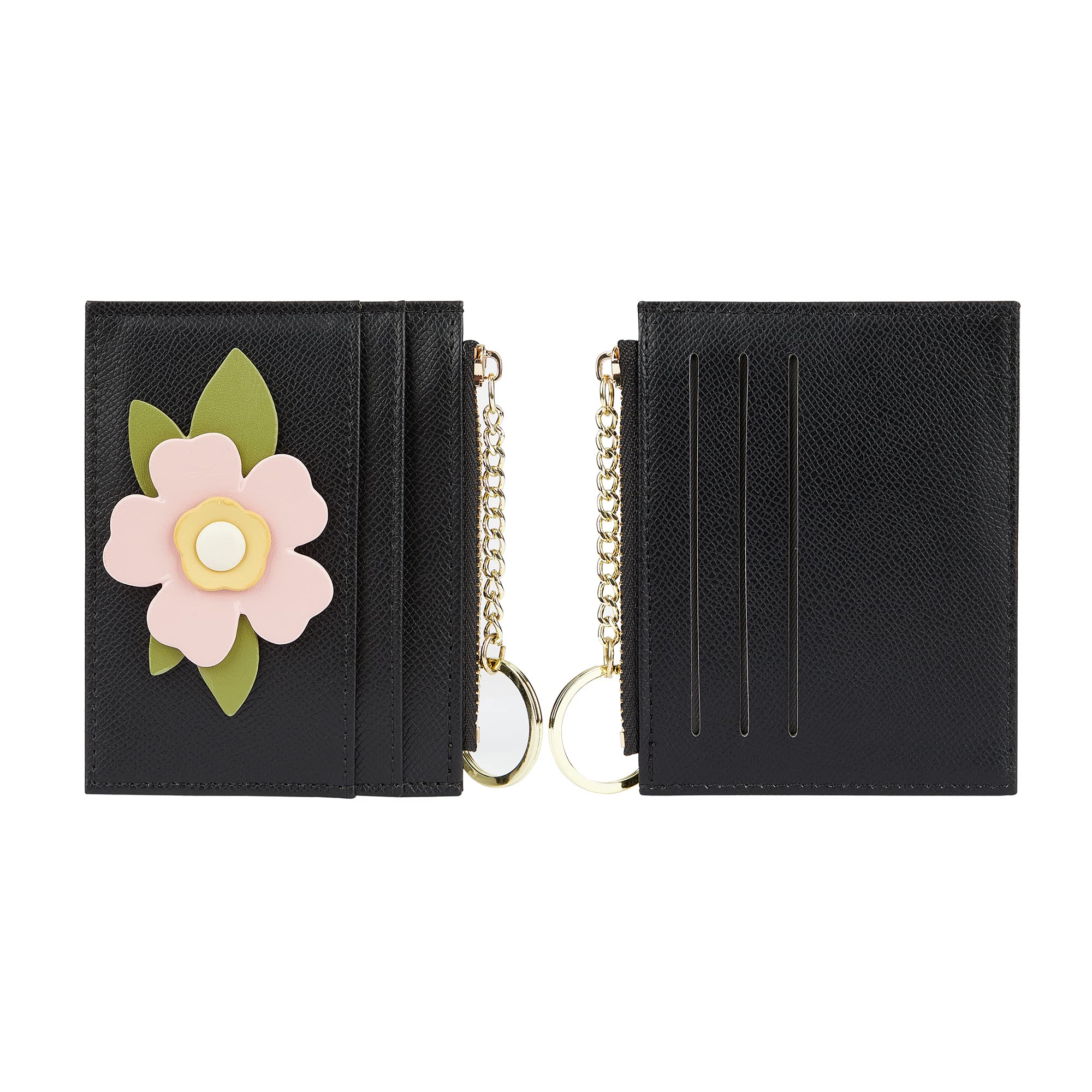 Cynure Women Cute Flower Zipper Card Holder Case Slim Minimalist Leather Front Pocket Wallet, pink