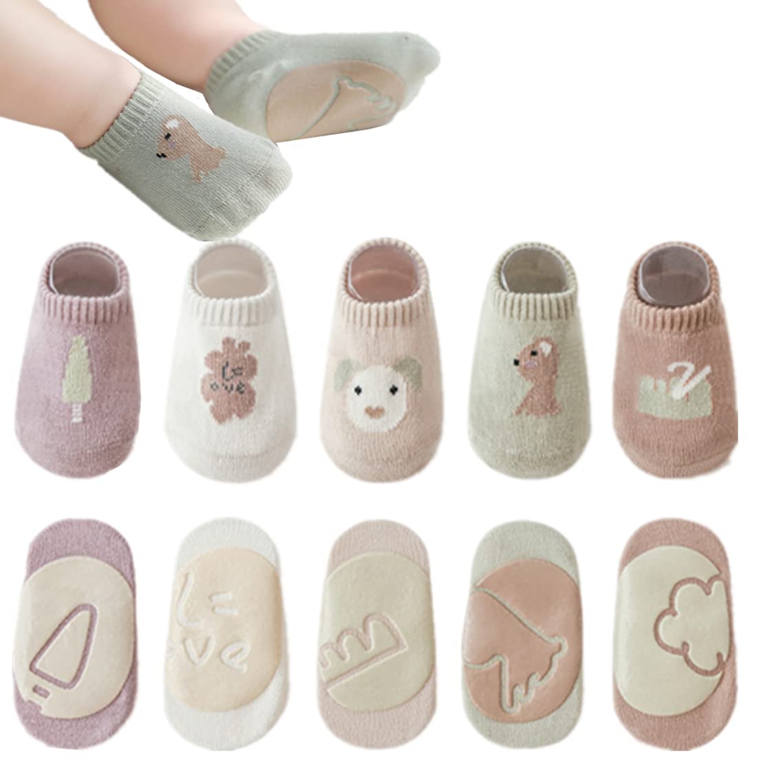 BEHELE Baby Floor Socks with Grips Non-skid Toddler Newborn Infant Non Slip Socks Unisex Boy Girl Ankle Indoor Gripper Socks (S(0-12 Months))