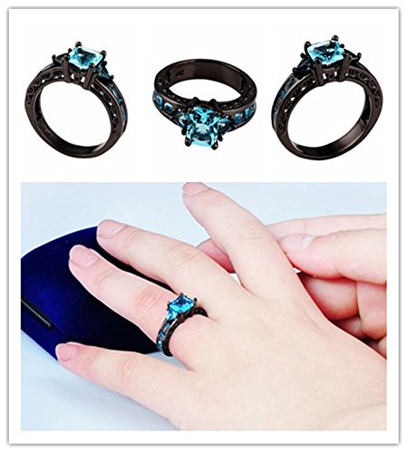 wattana Size 5-11 Princess Cut Aquamarine Band Women's 10KT Black Gold Filled Party Ring by Wat (6)