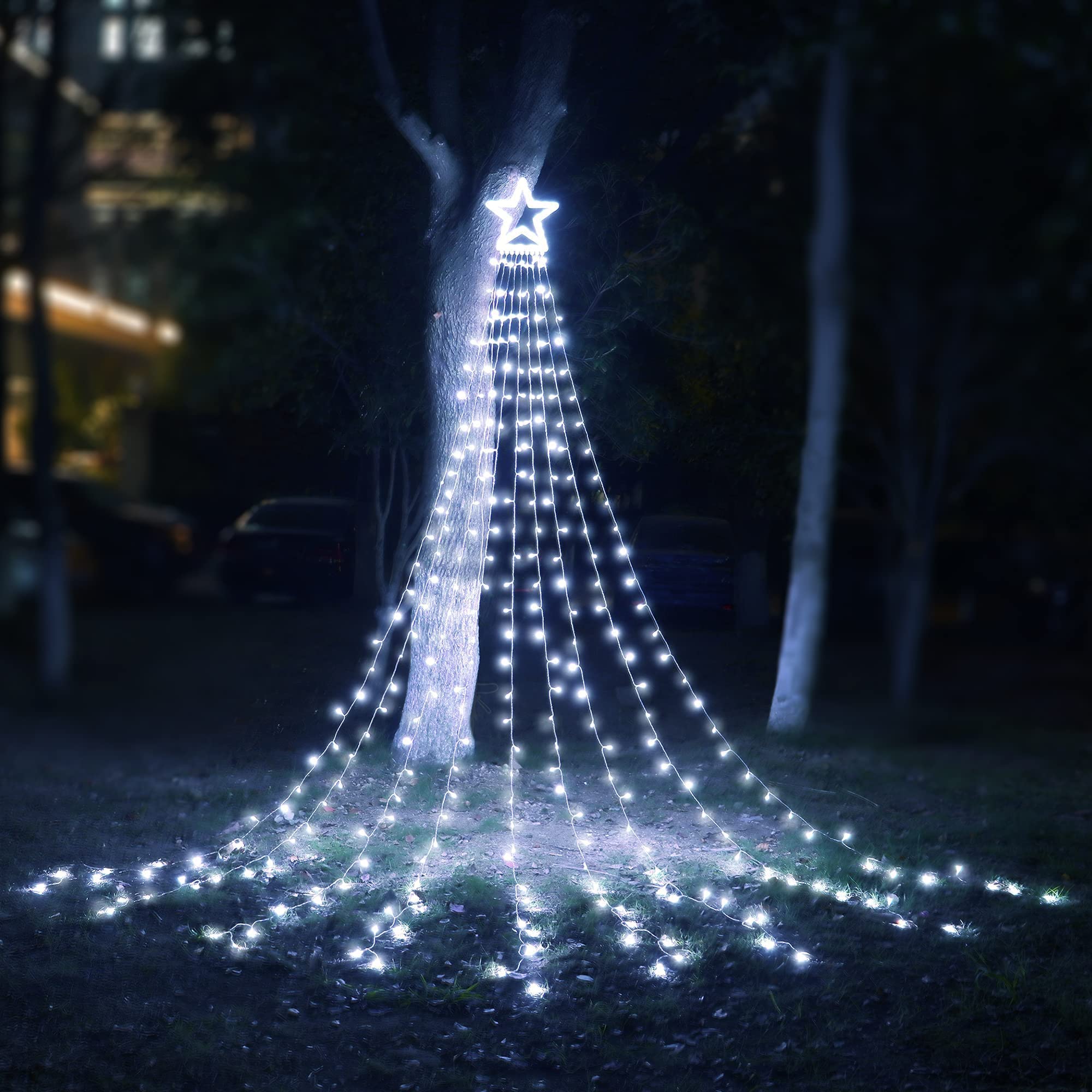 MESHUBA Star String Lights Outdoor Patio Decoration 317 LED Waterfall Christmas Tree Lights Indoor Outside Decoration Lights for Party, Yard, Garden, Holiday, Home Décor, White