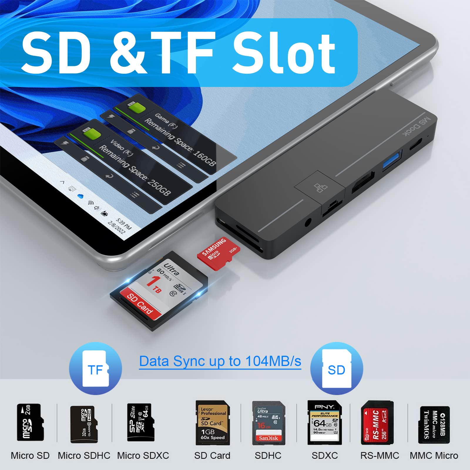 MS Surface Pro 8 USB C Hub, 10-in-1 Surface Pro 8 Hub Docking Station with 4K HDMI, USB-C Thunderbolt 4 (DP+PD Charging+Data),USB C(Data),100M LAN, Audio,USB 3.0, TF/SD Card for Surface Pro 9/Pro 8/X