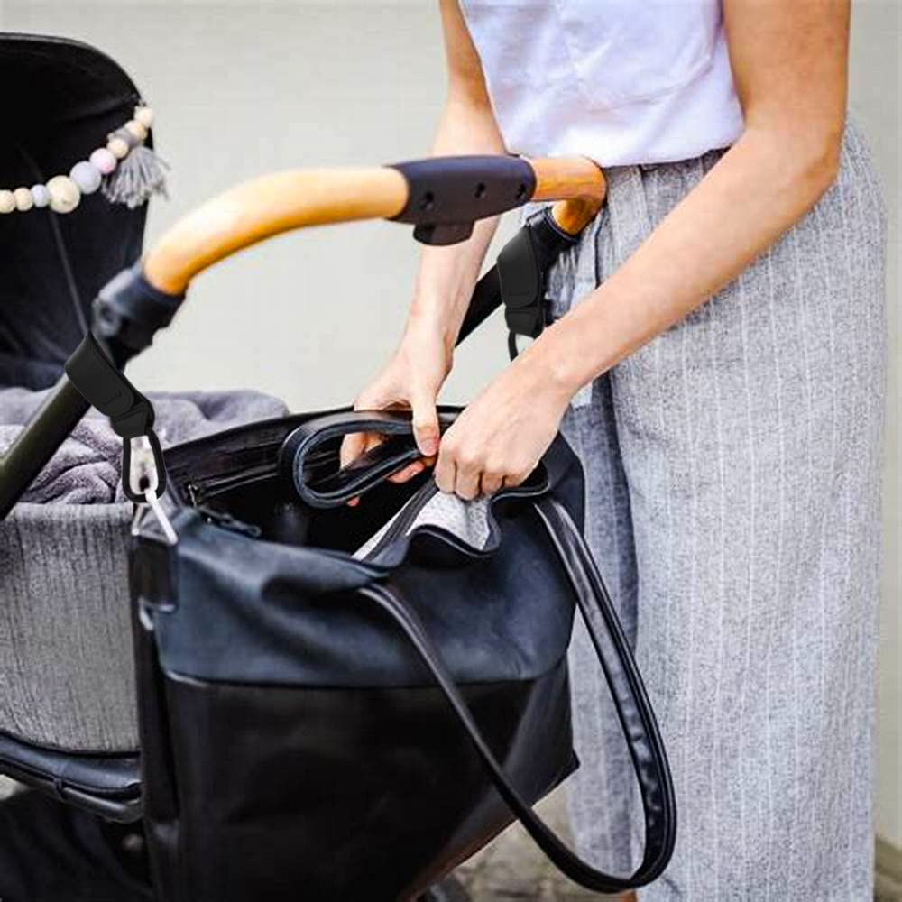 ZURLEFY 4 Pcs Baby Stroller Hooks for Hanging Diaper Bag, Multipurpose Leather Mommy Stroller Clips and Hooks for Shopping Bags (Black Hook)