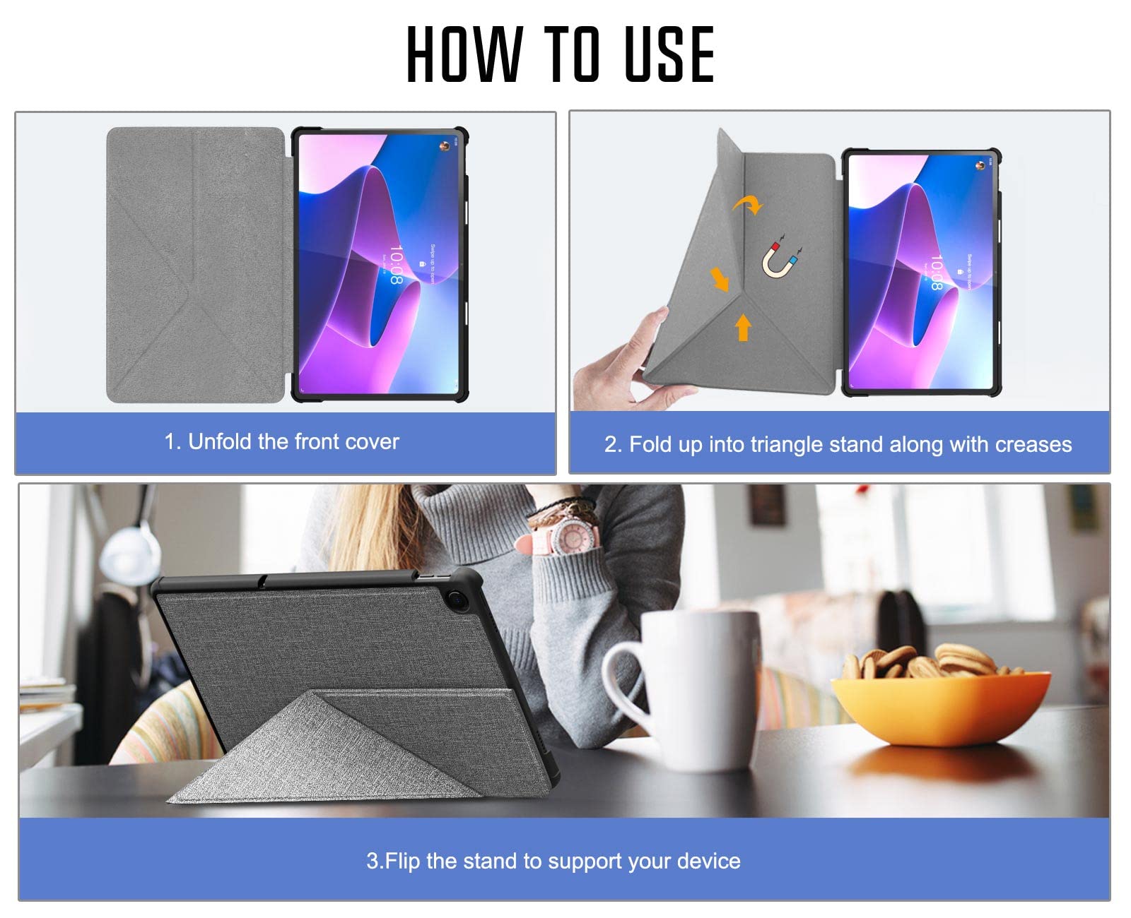 MoKo Folio Case for Lenovo Tab M10 Plus 10.6 inch 3rd Gen 2022 (TB-125F/TB-128F), Origami Standing Shell Cover Case with Multi-Angle Magnetic PC Back Cover for Tab M10 Plus 10.6 inch, Denim Gray