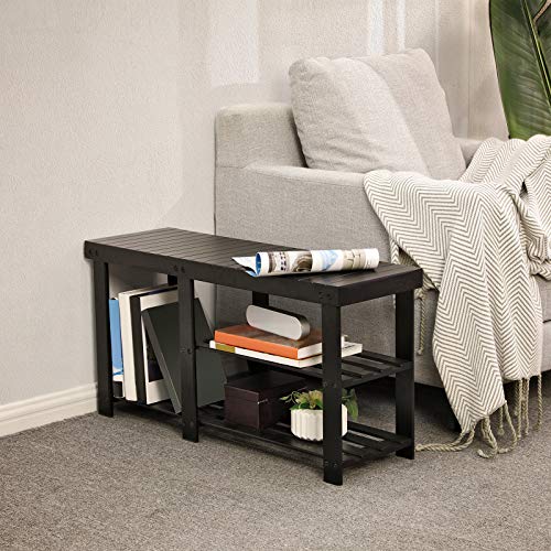 SONGMICS Bamboo Shoe Bench, Shoe Rack for Boots, Entryway Storage Organizer, 3-Tier Shoe Shelf, for Hallway, Bathroom, Living Room, Corridor, Black ULBS06BK