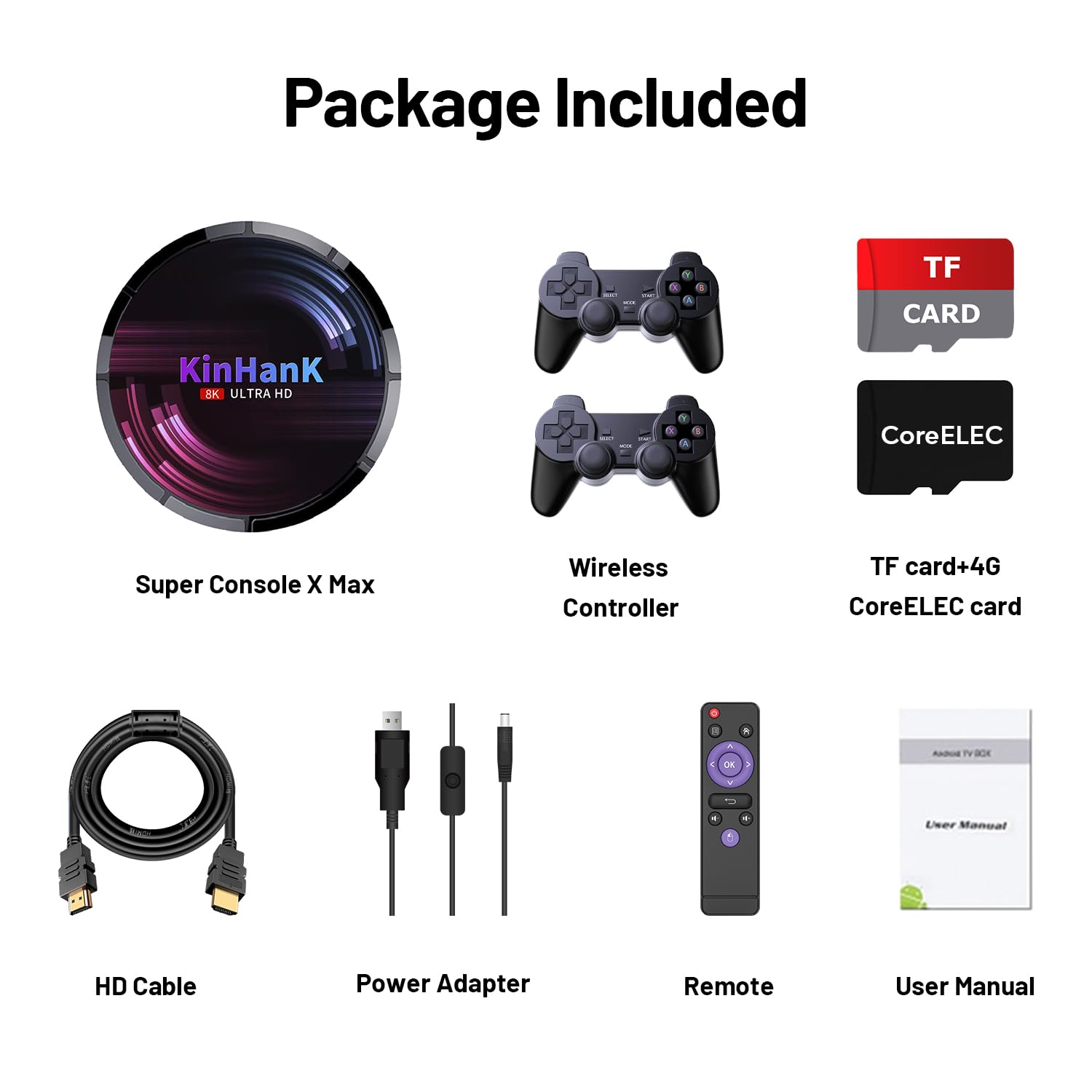 Kinhank Retro Video Game Console Built in 114000+ Games,Super Console X Max Emulator Console,EmuELEC 4.5/Android 9.0/CoreELEC 3 Systems ALL in 1,4K HD/AV Output,2.4G+5G Dual WiFi,BT 4.0,Best Gift