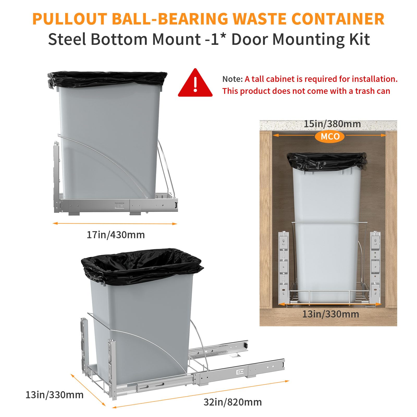 Pull Out Trash Can Under Cabinet，Under Sink Trash Can Cabinet Pull Out with Door Mounting Kit，Cabinet Trash Can Pull Out Kit，Requires 15" W X 18" D Minimum Cabinets，Chrome-Waste Bin Not Included