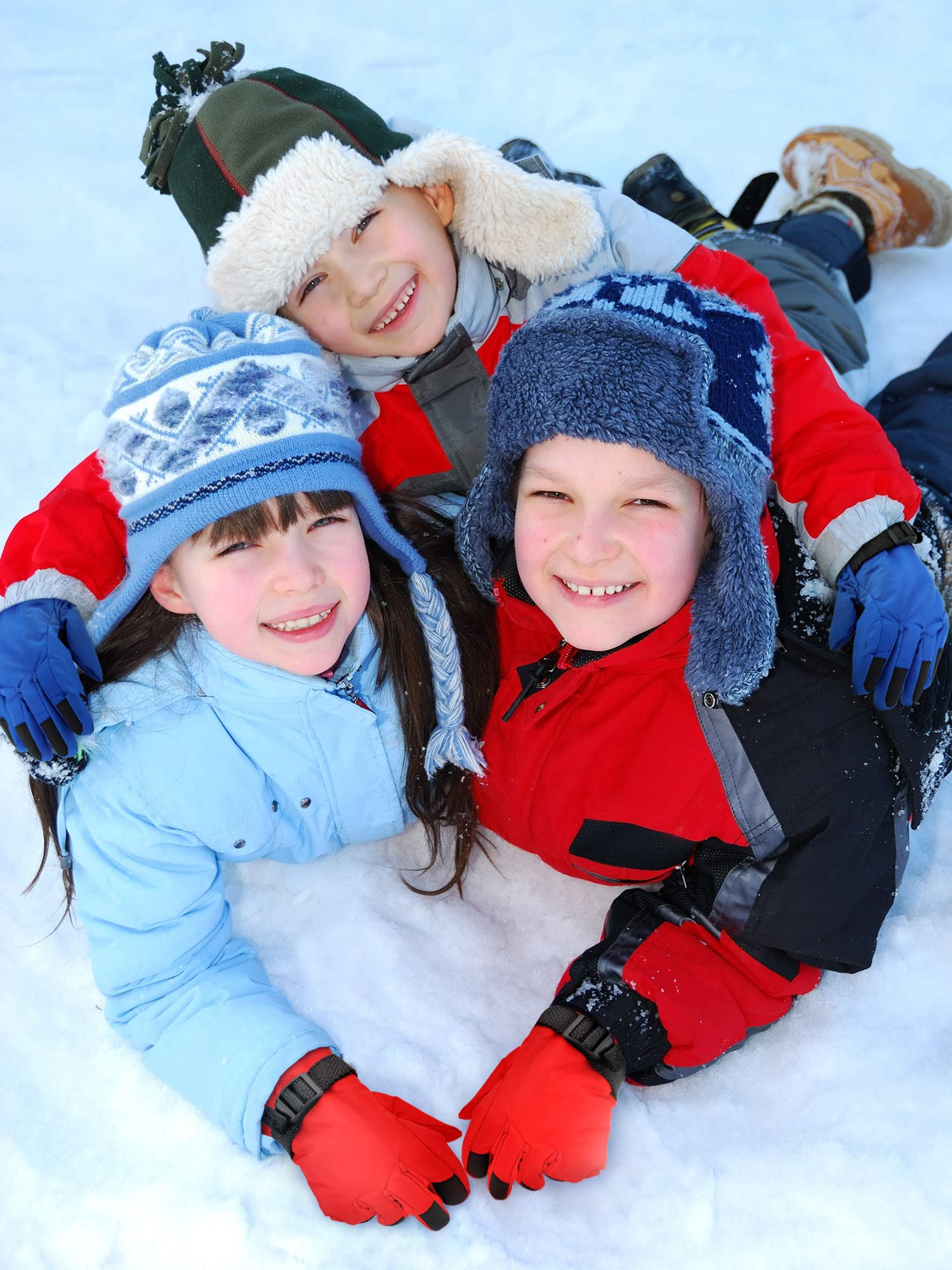 Eurzom 2 Pairs Kids Winter Gloves Waterproof Ski Gloves Windproof Warm Unisex Ski Gloves Warm Snow Gloves with Hook and Loop(Red, Blue, for 6-13 Years)