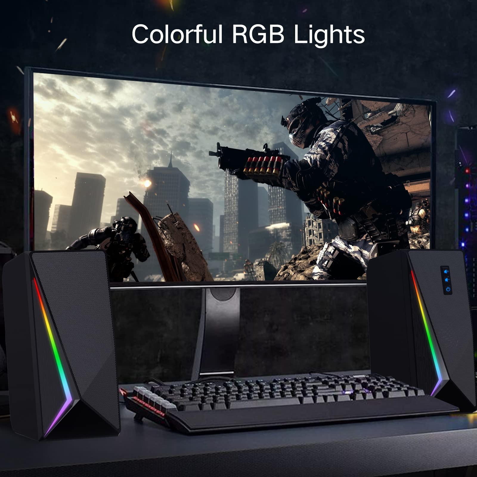 LLEVTIC Computer Speakers, 2.0 Channels Enhanced Stereo RGB PC Speakers with 6 Colorful Mode, USB Powered Desktop Speakers for PC/Laptop/Monitor, 3.5mm AUX Gaming Speakers