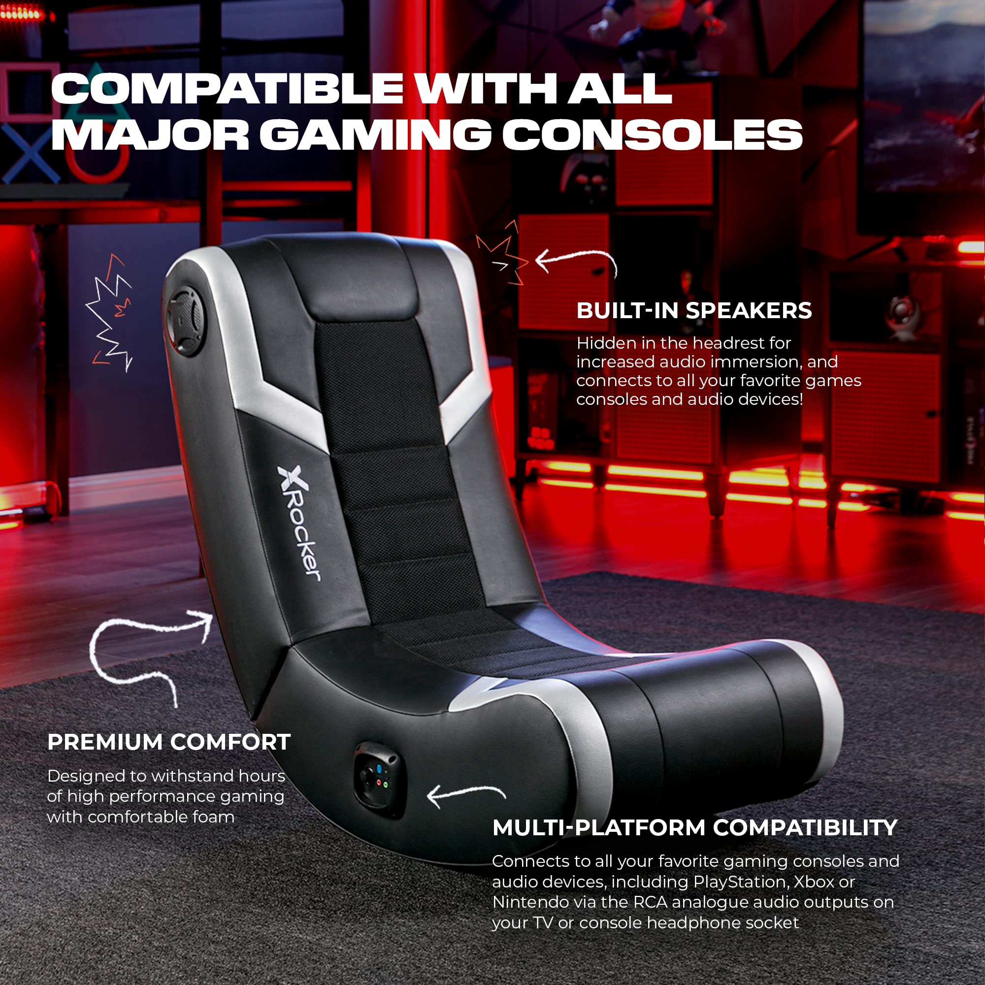 X Rocker Eclipse Video Gaming Floor Chair, Headrest Mounted Speakers, 2.0 Bluetooth, Wireless, 5110301, 31" x 27.5" x 16.5", Black and Silver
